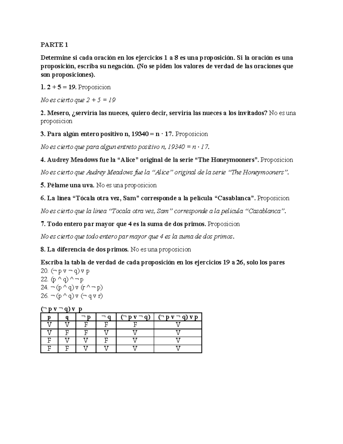 Ejercicios de Proposición y Tabla de Verdad - Curso MAT101 - Studocu