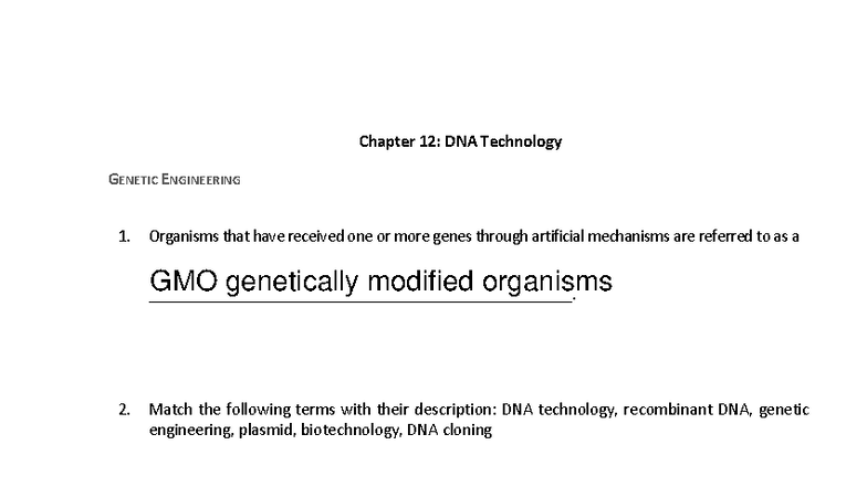 Worksheet: Chapter 12 - DNA Technology & Genetic Engineering - Studocu