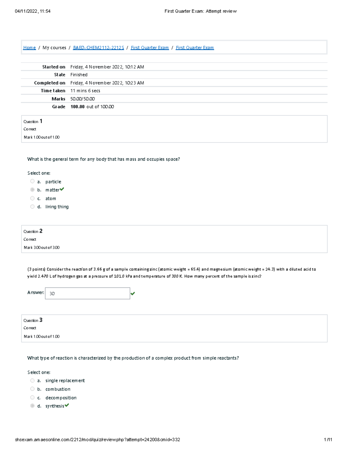 BAED-CHEM2112 Final Exam Results - First Quarter Exam - Studocu