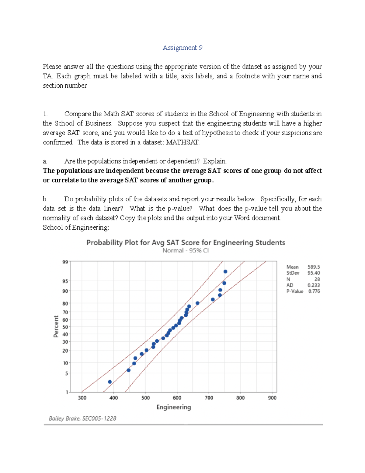 Minitab #9 Last One - Assignment 9 Please answer all the questions using the appropriate version ...