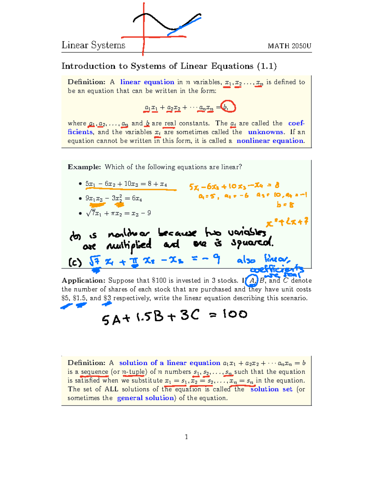 2050 Lecture 1 complete - Linear Systems MATH 2050U Introduction to ...