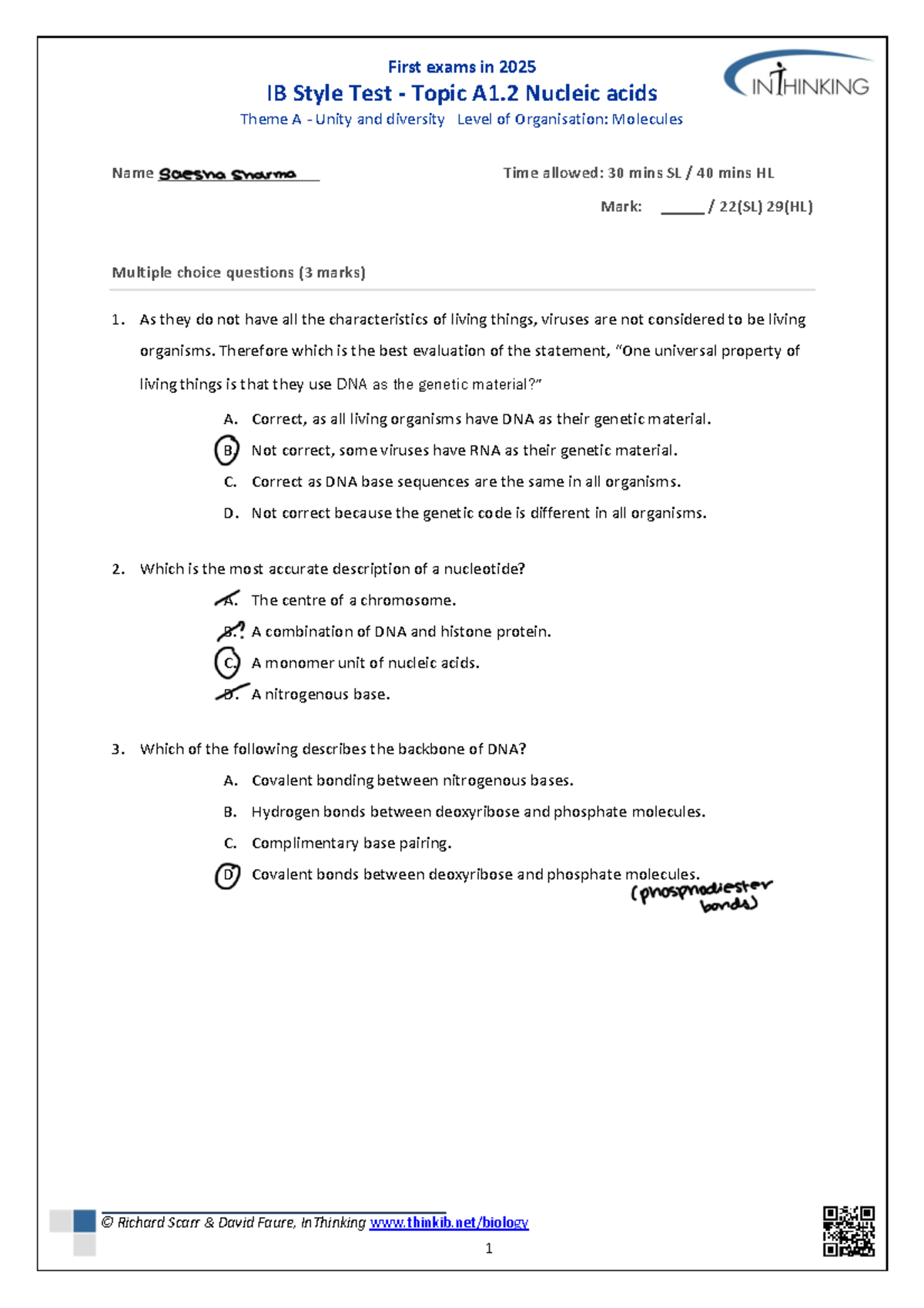IB Style Test A1.2: Nucleic Acids - First Exam 2025 - Studocu