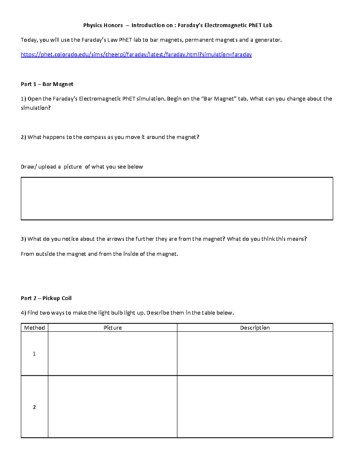 Introduction on Faraday s Electromagnetic PhET Lab - Physics Honors ...