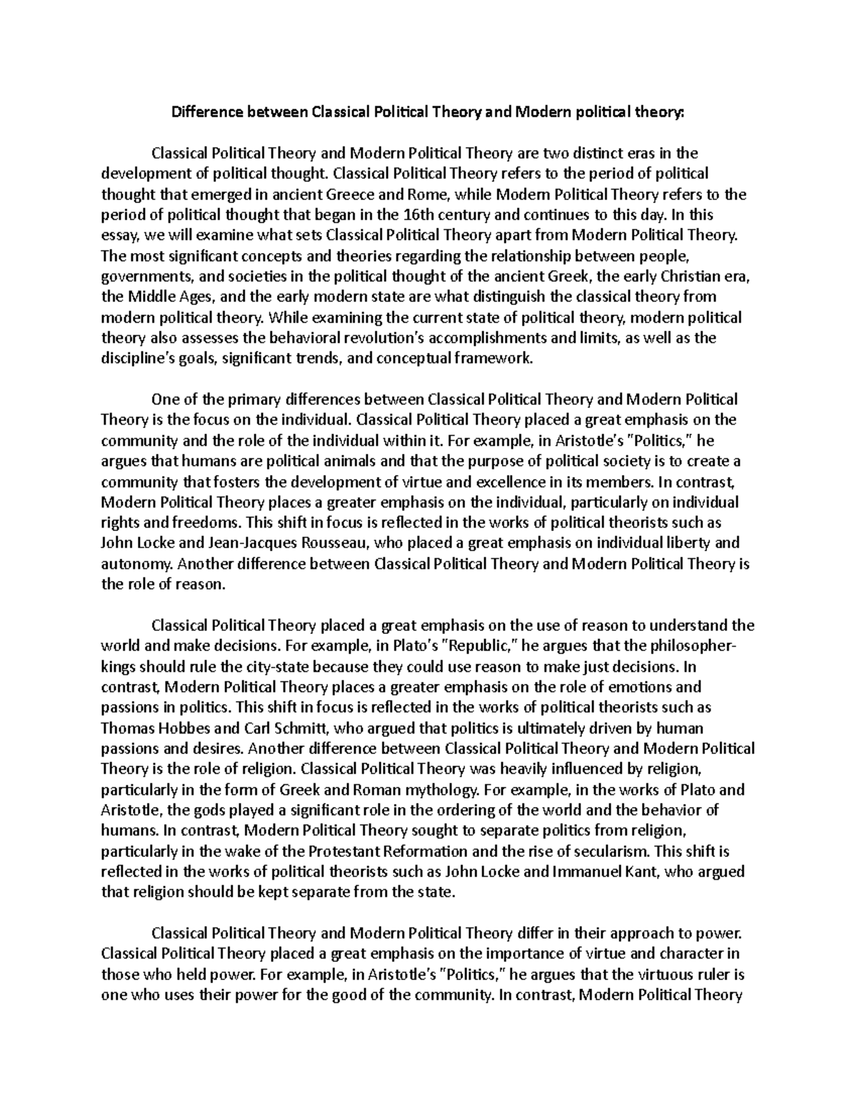 Comparative Analysis of Classical and Modern Political Theory - Studocu