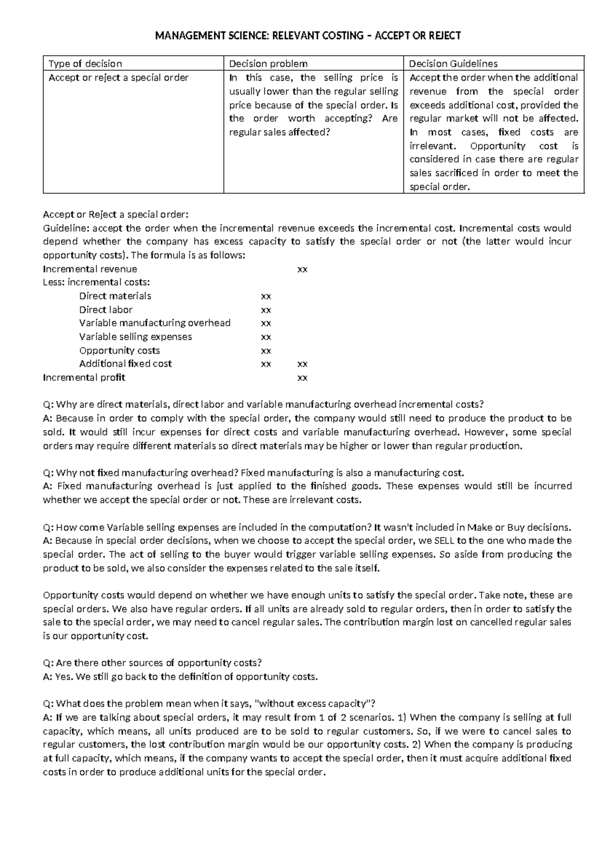 MANAGEMENT SCIENCE: ACCEPT OR REJECT SPECIAL ORDERS - Studocu