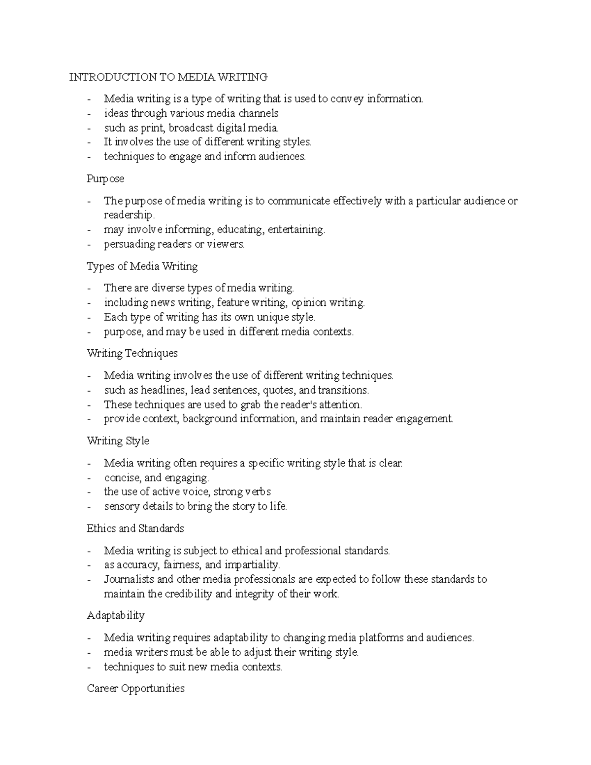 Introduction to Media Writing: Key Concepts and Techniques - Studocu