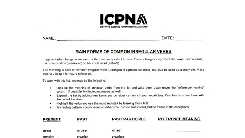 ICPN Irregular Verbs Study Guide: Common Forms and Usage - Studocu