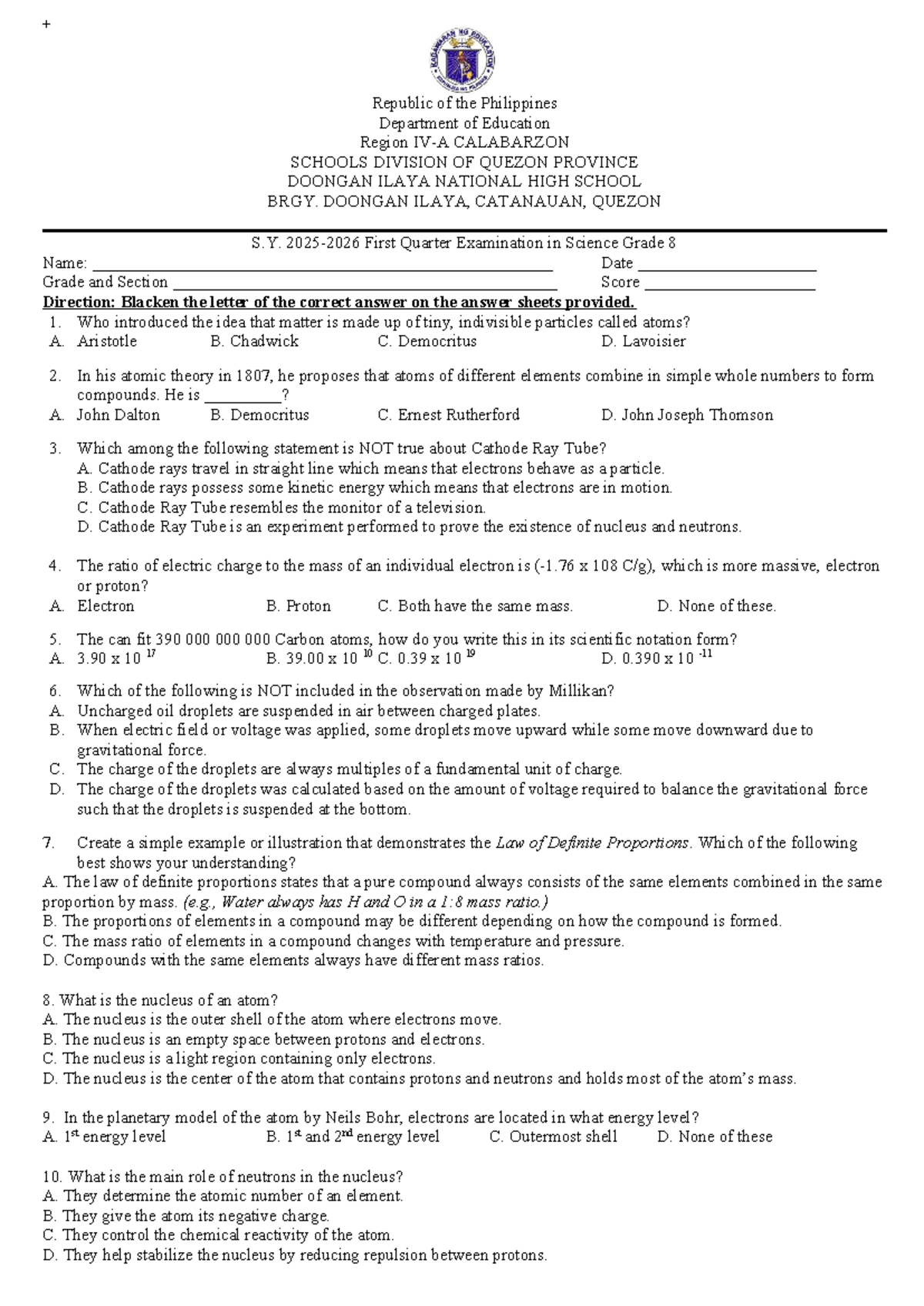 Second Quarter Exam in Science Grade 8 S.Y. 2025-2026 - Studocu
