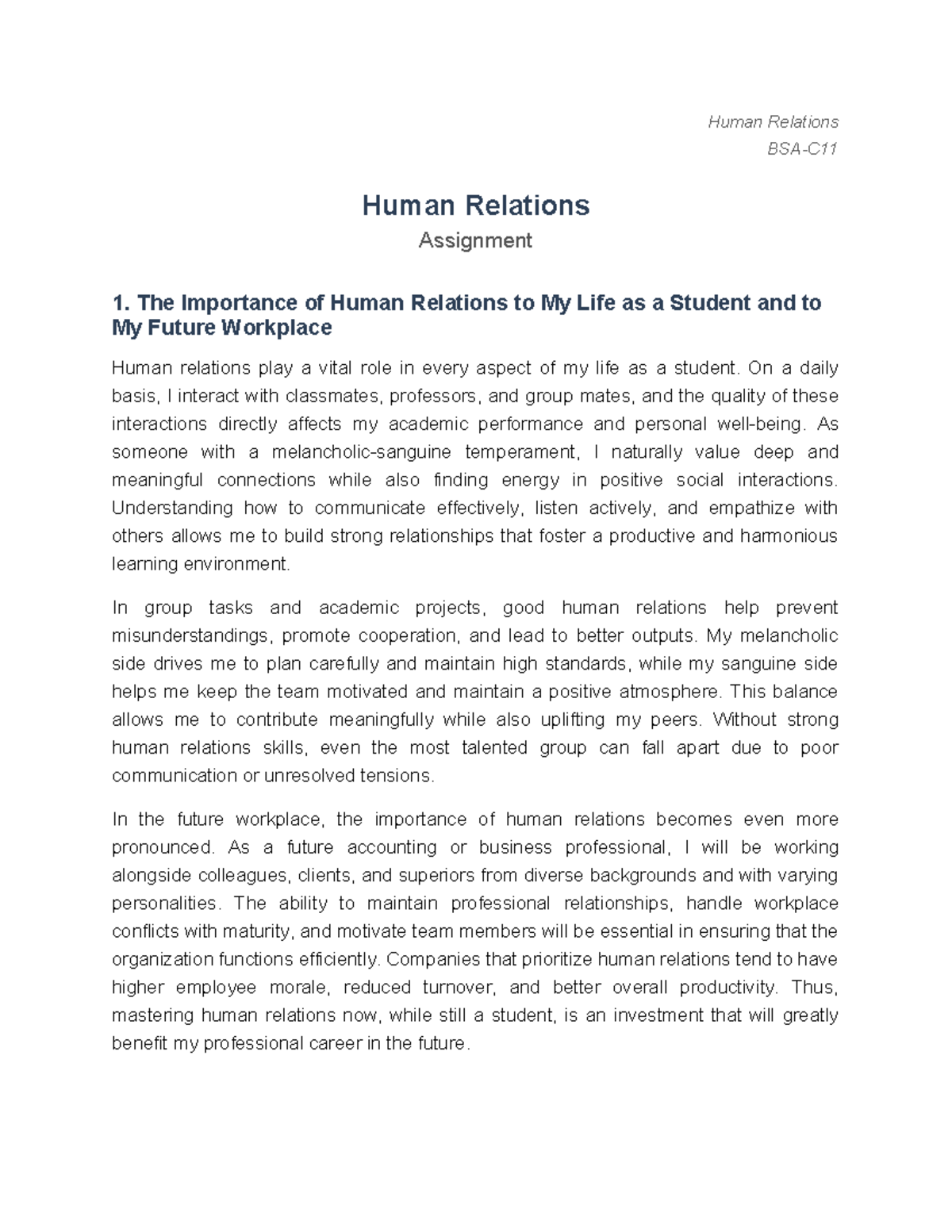 Human Relations Assignment 1: The Role of Human Relations in Life and ...