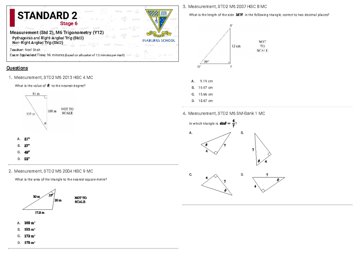 Trigonometry Skills Review - Measurement, STD2 M6 HSC 2024 - Studocu