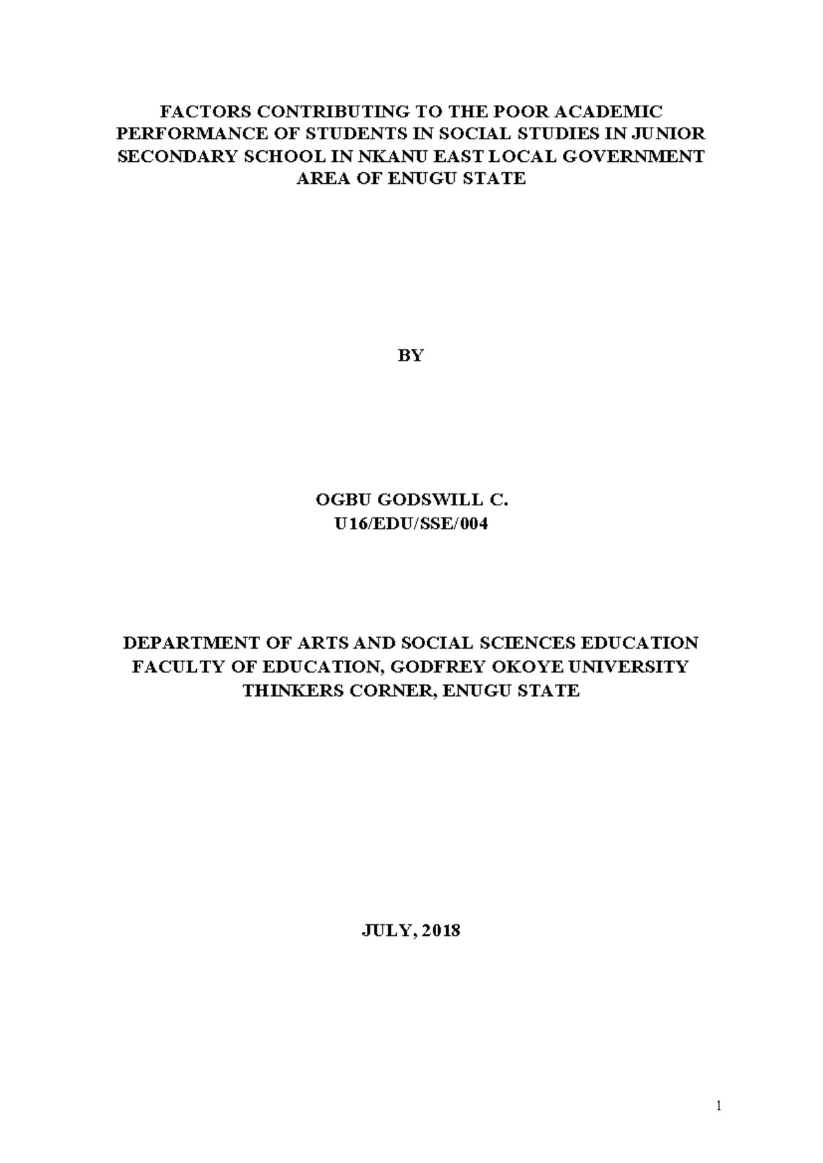 Factors Affecting Poor Academic Performance in Social Studies (EDU 101 ...