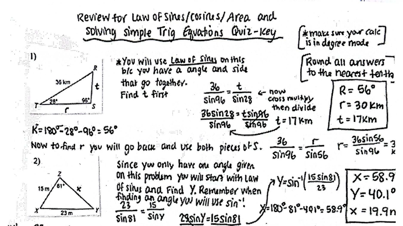 Review for Law of Sines and Solving Trig Equations (MATH 101) - Studocu