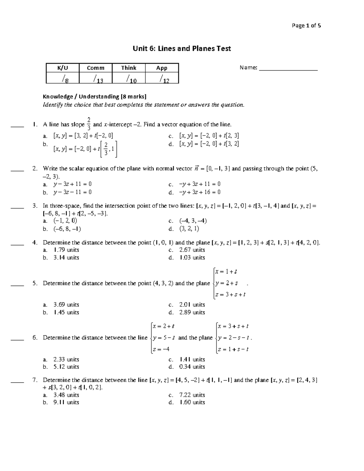 OVS MCV4U - Unit 6 Lines and Planes Test Template - Studocu