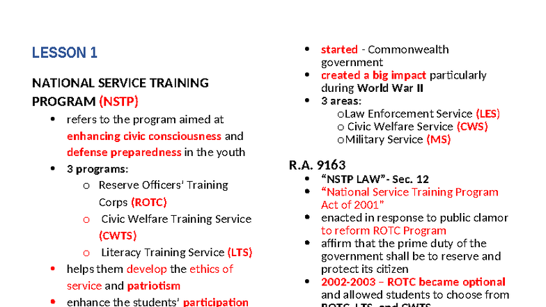 NSTP Lesson 1: Overview of National Service Training Program - Studocu