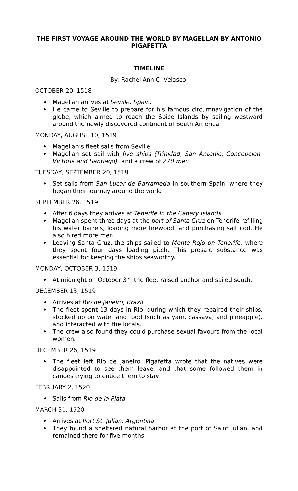 Timeline of Magellan's First Voyage Around the World (1519-1521) - Studocu
