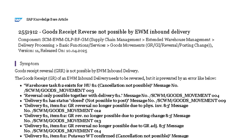 EWM 2551912: Issues with Goods Receipt Reversal in Inbound Delivery ...