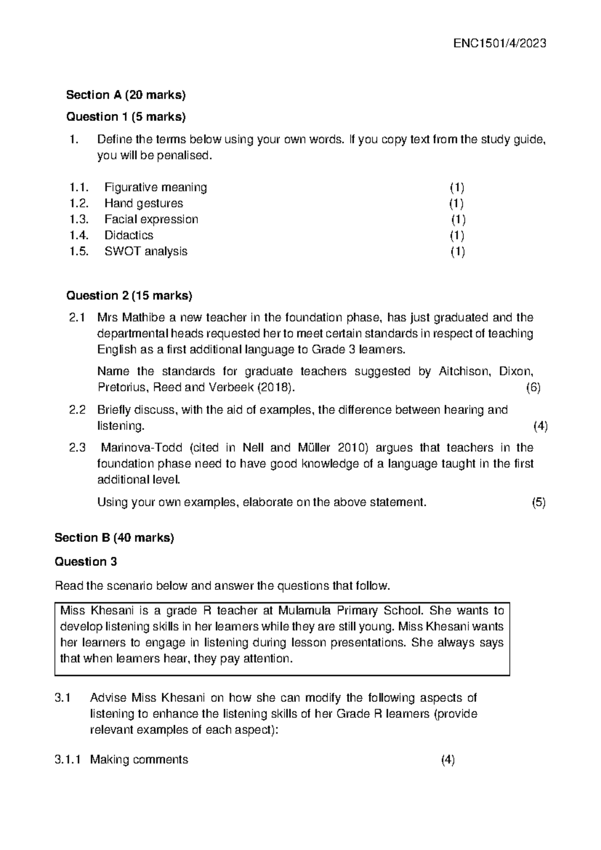 ENC1501 for assessment 2 2023 - ENC1501/4/ Section A (20 marks) Question 1 (5 marks) 1. Define ...