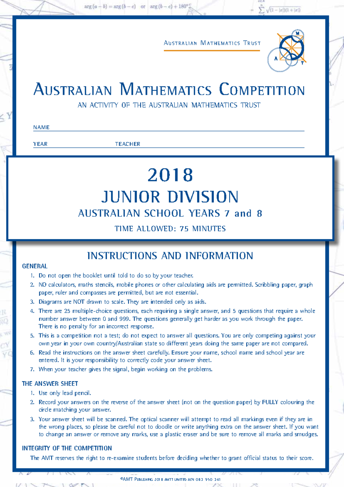 Junior Division Australian Mathematics Competition 2018 - Past Paper ...