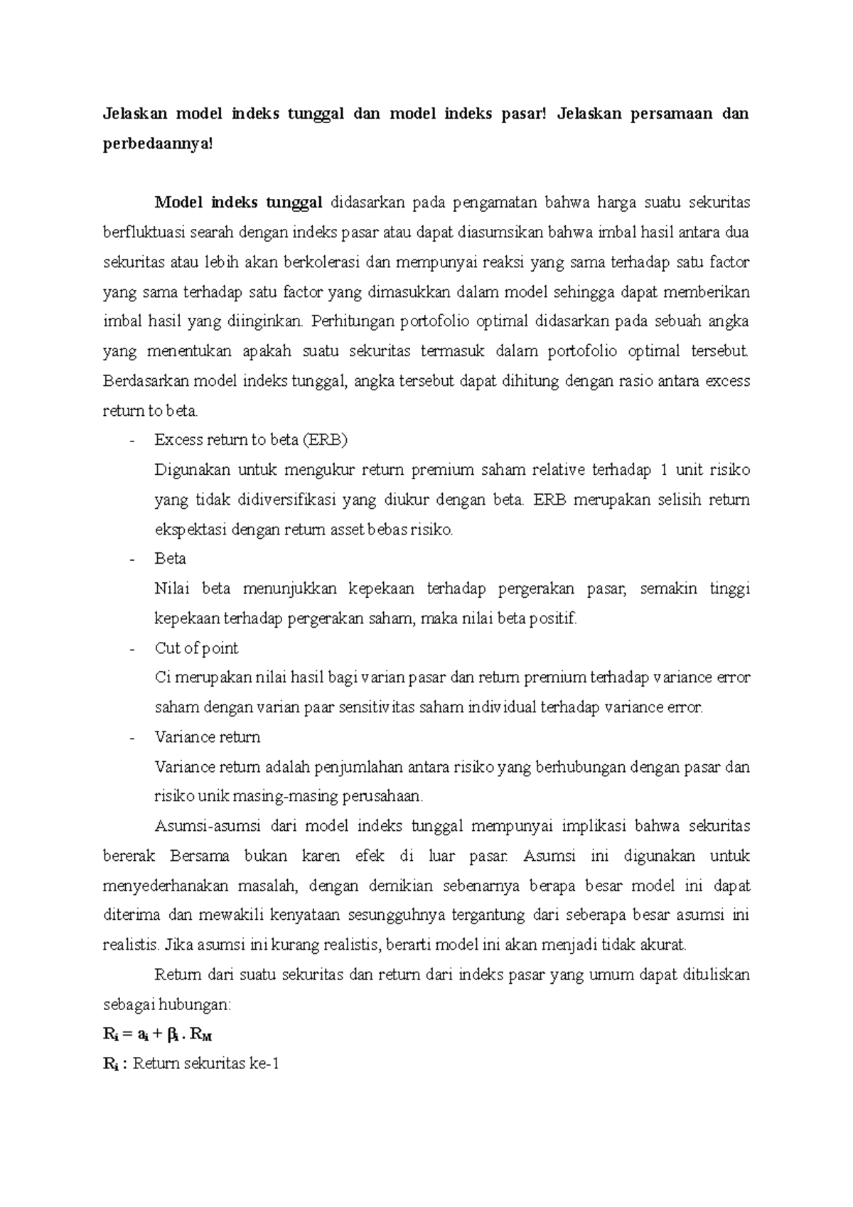 Analisis Model Indeks Tunggal dan Indeks Pasar dalam Keuangan - Studocu