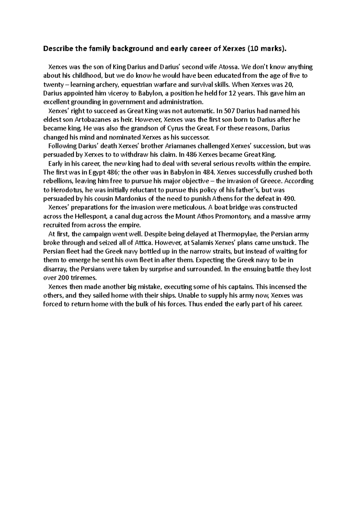 Describe the family background and early career of Xerxes - answer ...