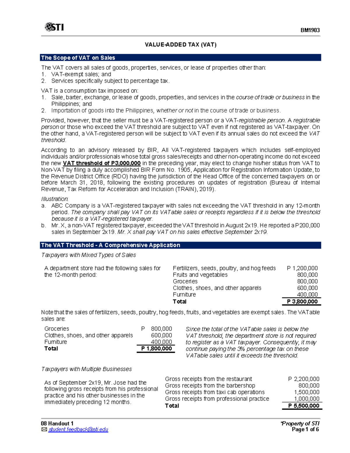 VAT - VAT REVIEWER - 08 Handout 1 *Property of STI VALUE-ADDED TAX (VAT ...