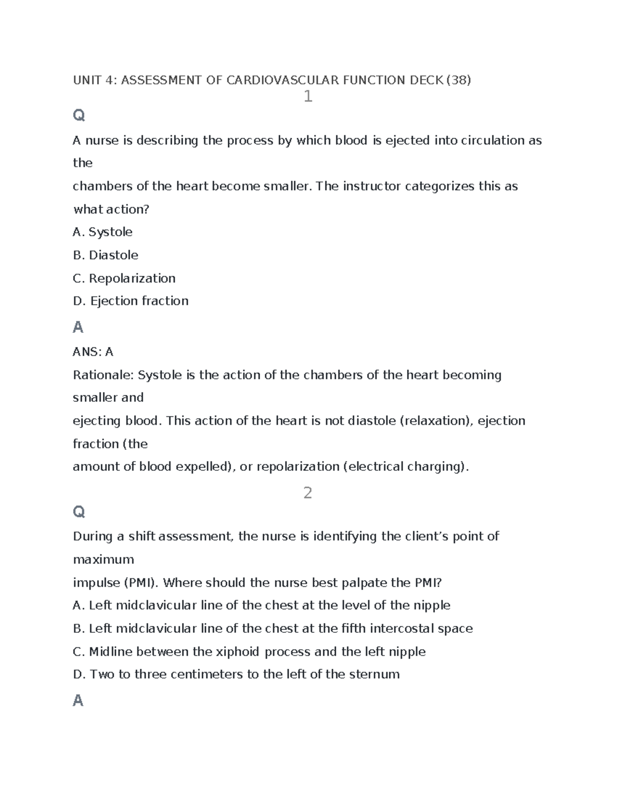 UNIT 4: Assessment of Cardiovascular Function Study Guide - Studocu