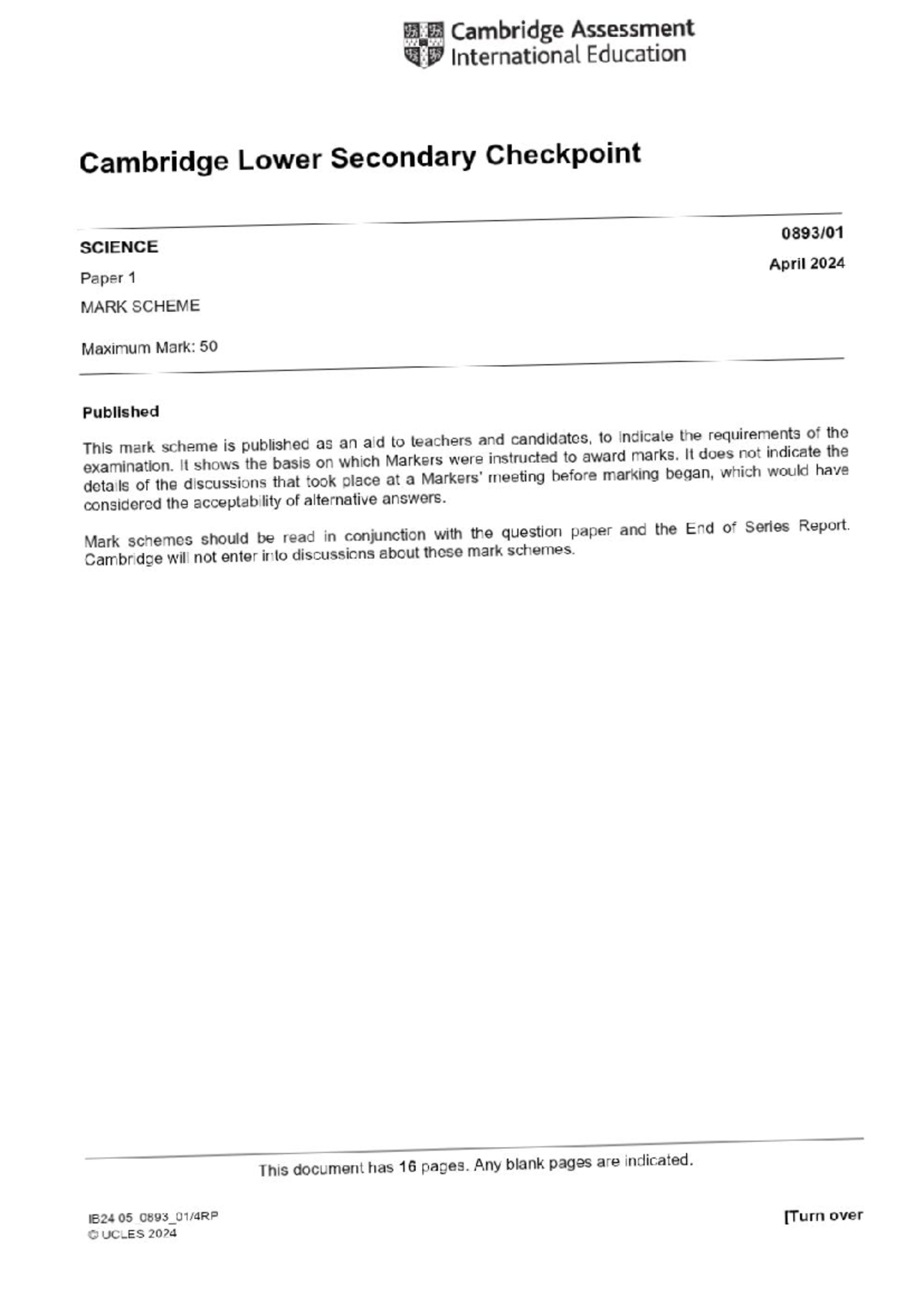 Cambridge Lower Secondary Checkpoint Science P1 Mark Scheme - April ...