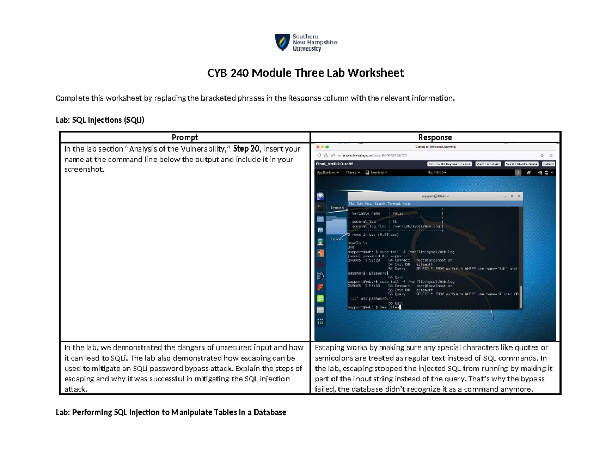 CYB 240 Module Three Lab Worksheet: SQLi & XSS Analysis - Studocu