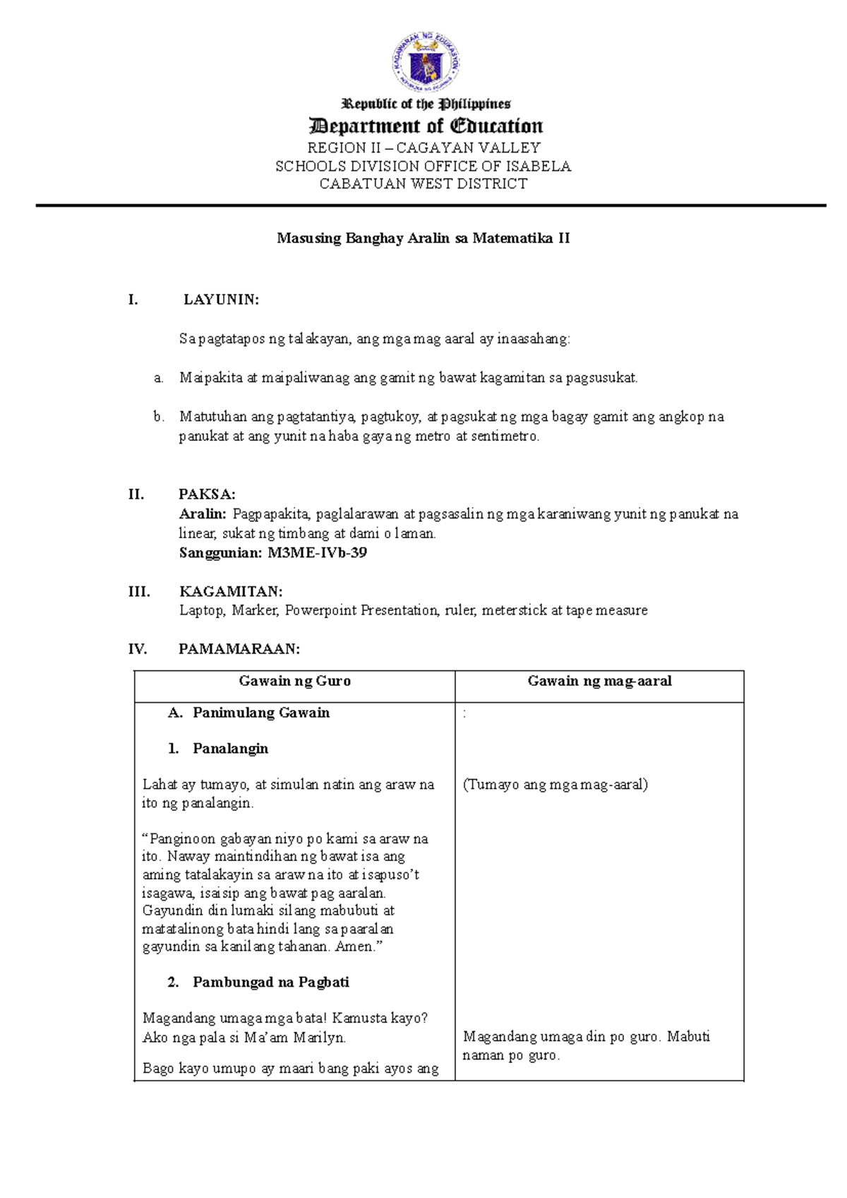 Masusing Banghay Aralin sa Matematika II - DETAILED LESSON PLAN - Studocu