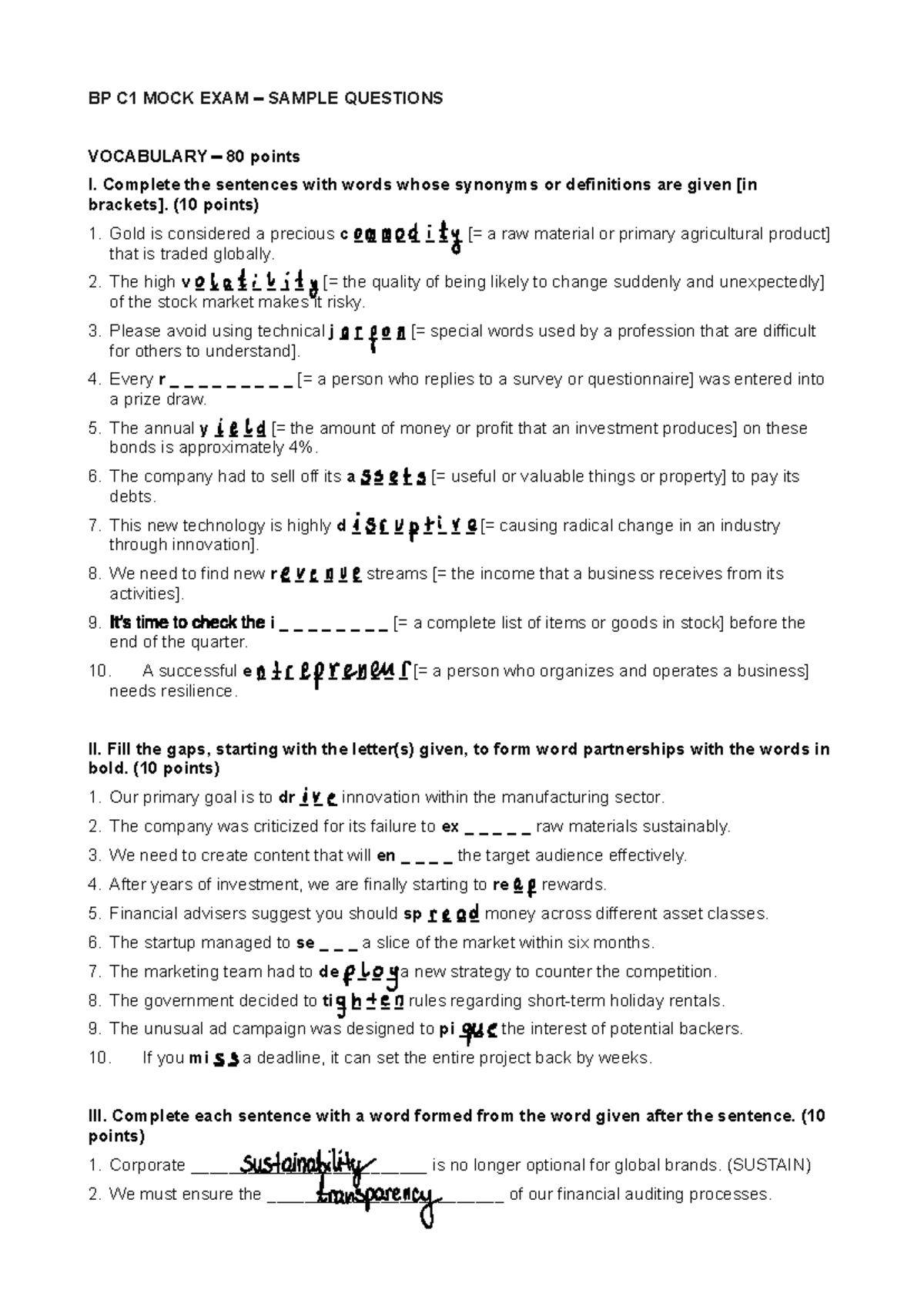 BP C1 MOCK EXAM - SAMPLE VOCABULARY QUESTIONS - Studocu