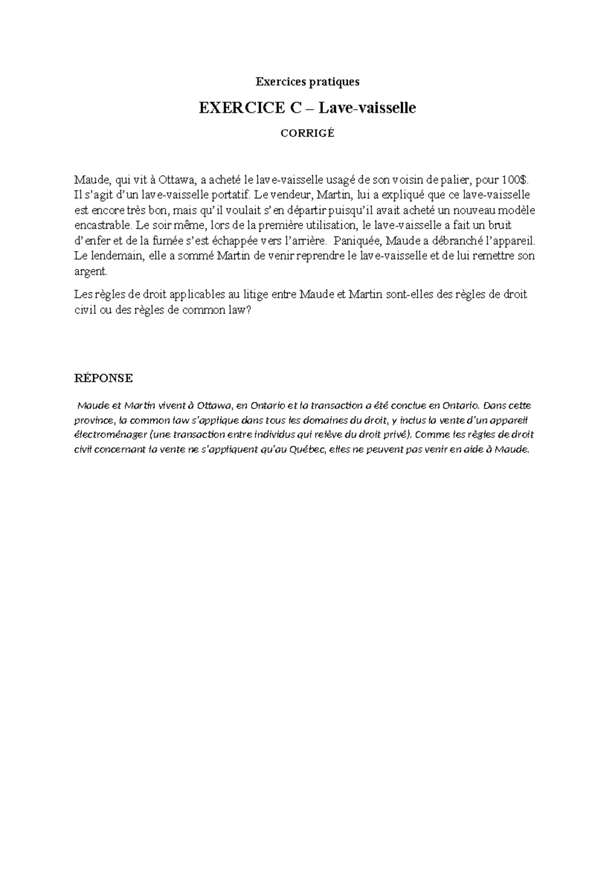 Exercice C - Corrigé Lave-Vaisselle 2025 - Studocu