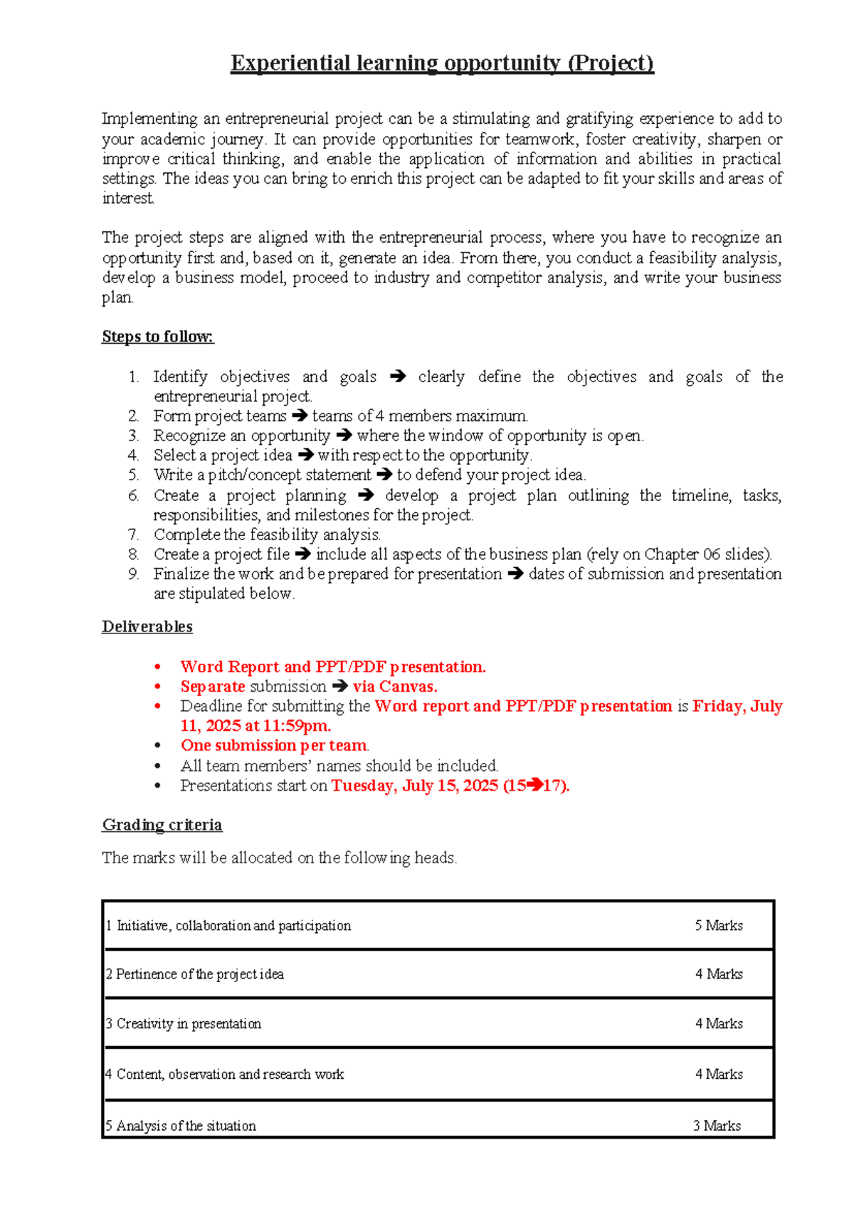 Experiential Learning Project Guidelines for SUM24-25 Entrep - Studocu