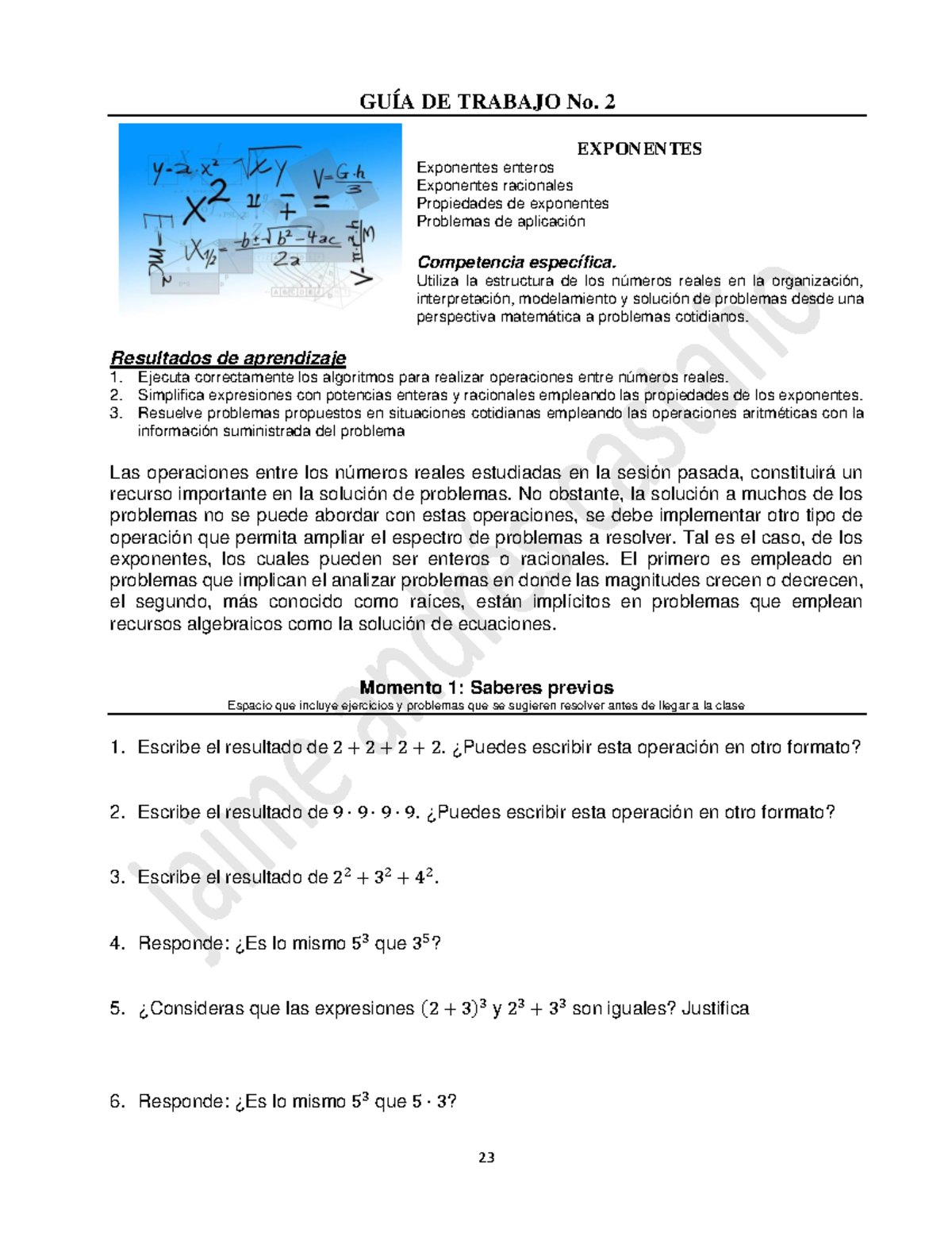 Guía No. 2: Exponentes y Raíces Enteros y Racionales - Studocu