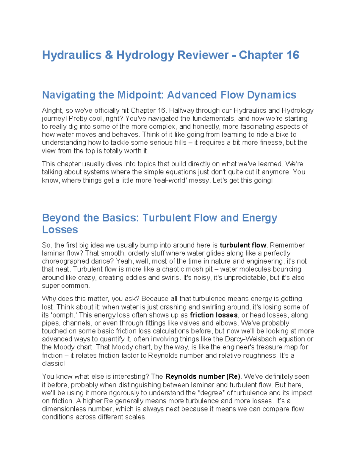 Hydraulics & Hydrology Ch16 Review: Advanced Flow Dynamics Insights - Studocu