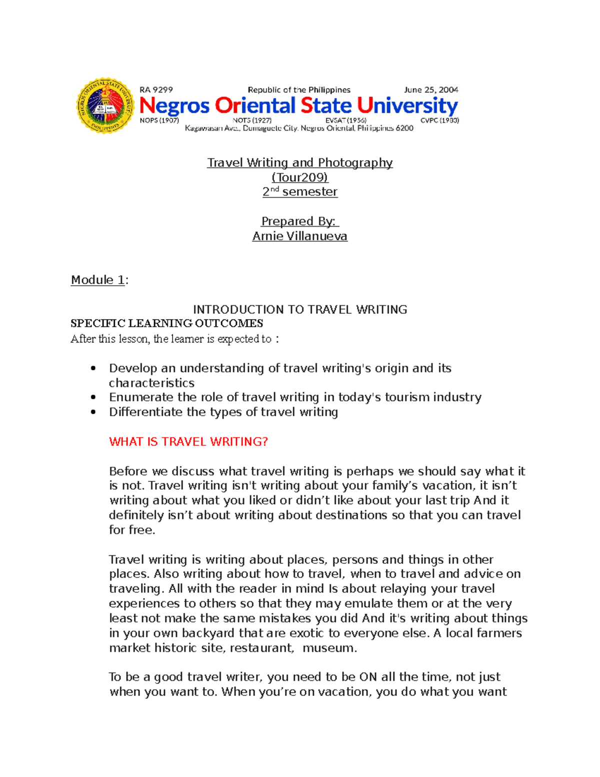 Tour209 - Module 1: Introduction to Travel Writing and Its Importance ...