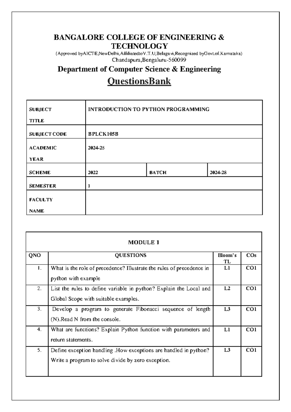 Question Bank for Introduction to Python Programming (BPLCK105B) - Studocu