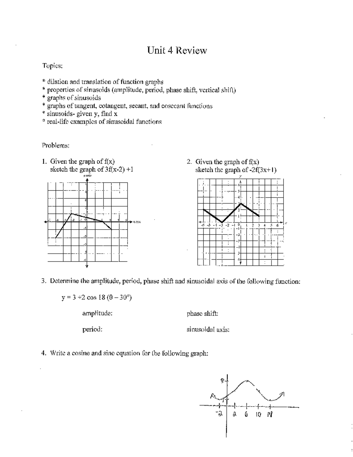 Unit 4 Review: Dilation, Translation & Sinusoidal Functions - Studocu