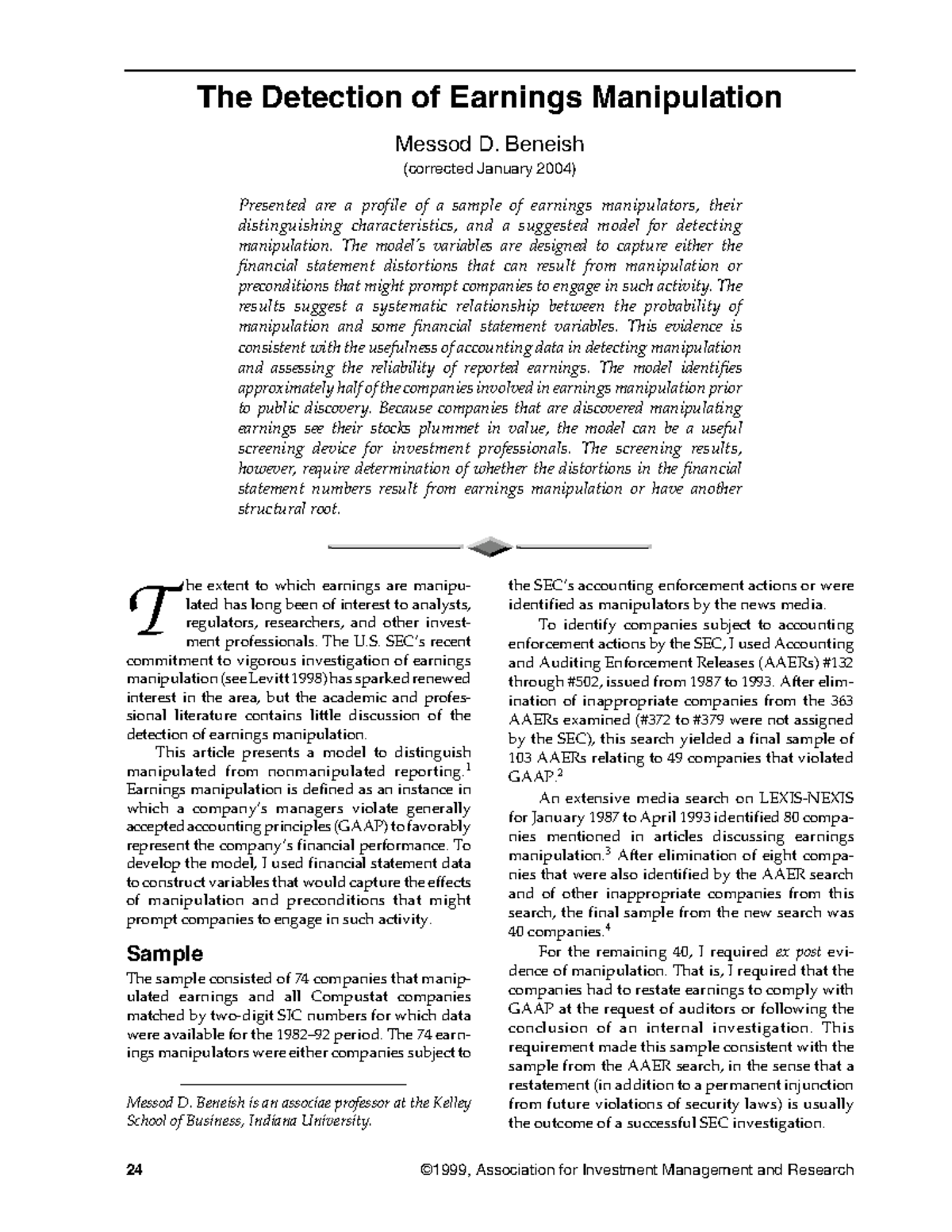 Beneish 1999: Model for Detecting Earnings Manipulation - Studocu