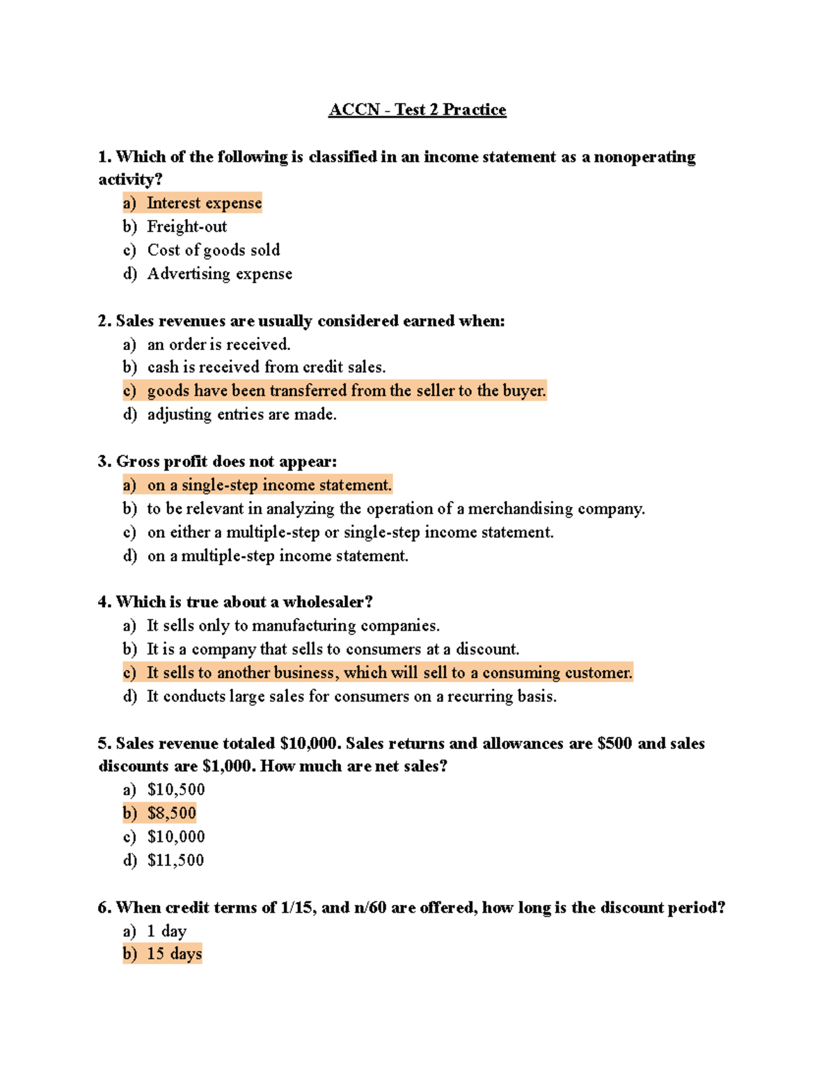 ACCN - Test 2 Practice Questions and Answers - Studocu