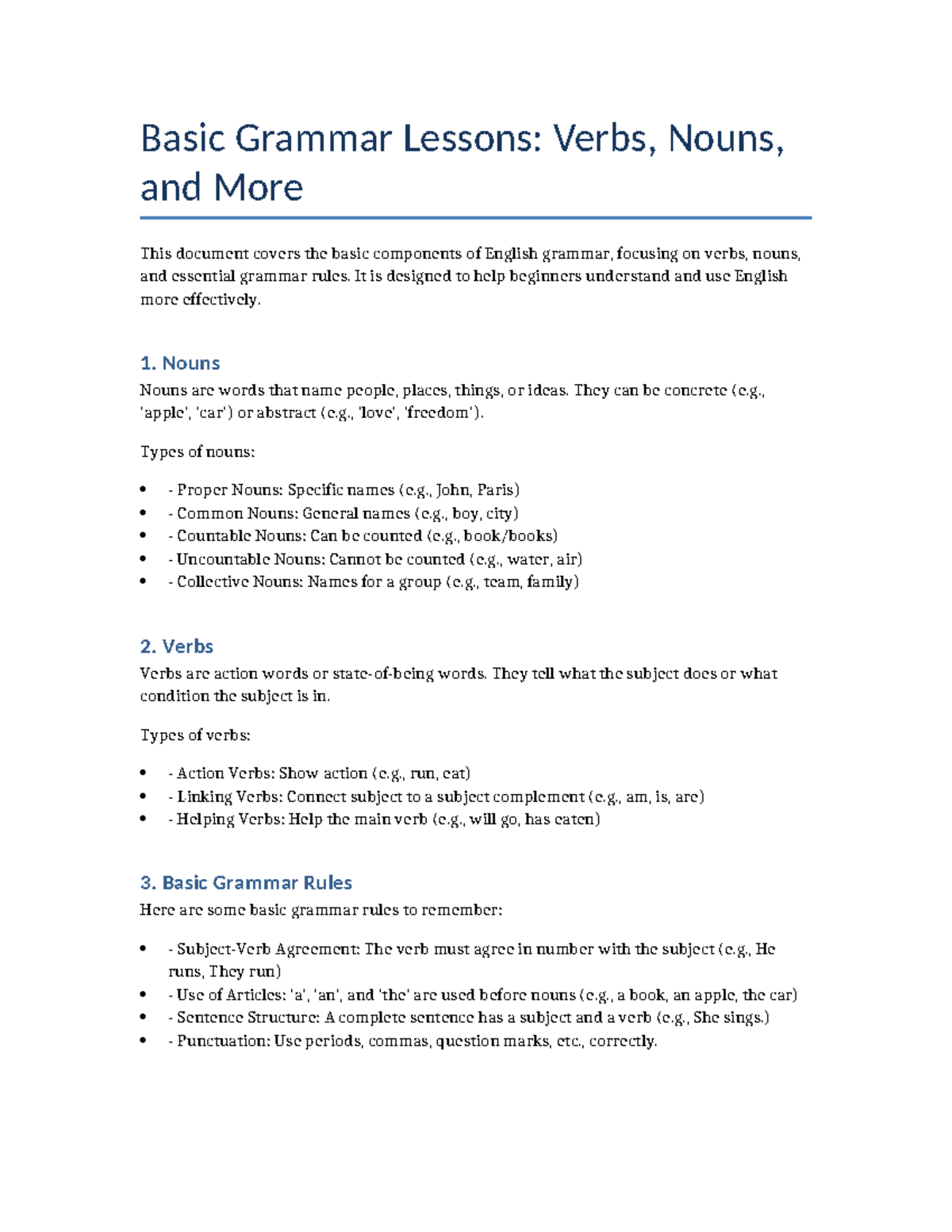 Basic Grammar Lessons: Understanding Verbs, Nouns & Rules - Studocu