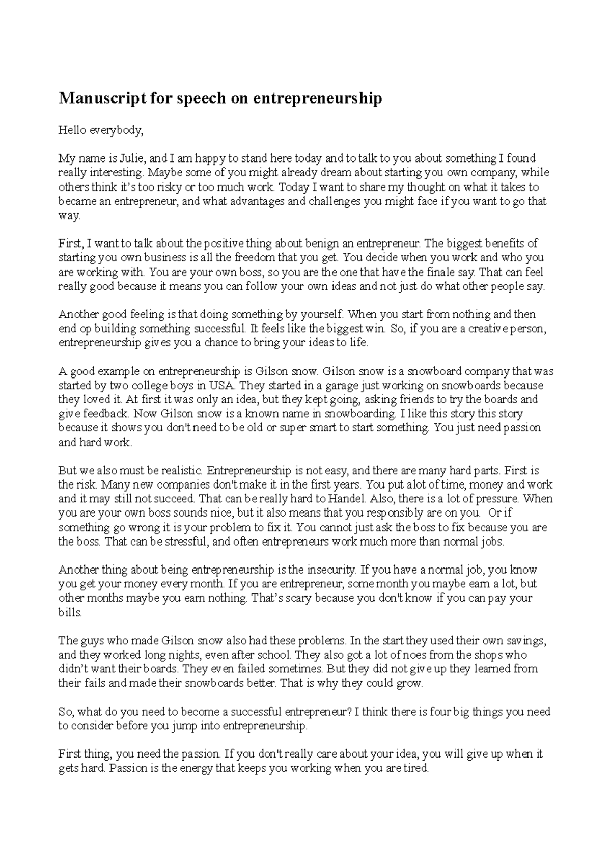 Entrepreneurship Insights: A Speech Manuscript on Starting Your Own ...