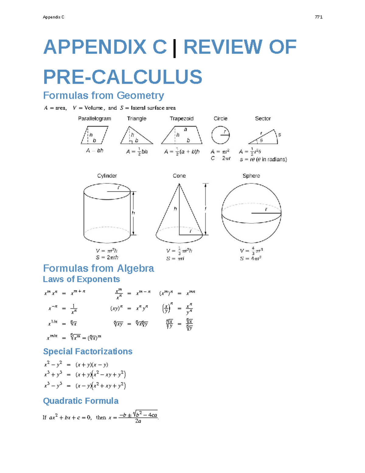 Appendix C Review of Geometry & Algebra Formulas - Calculus 771 - Studocu