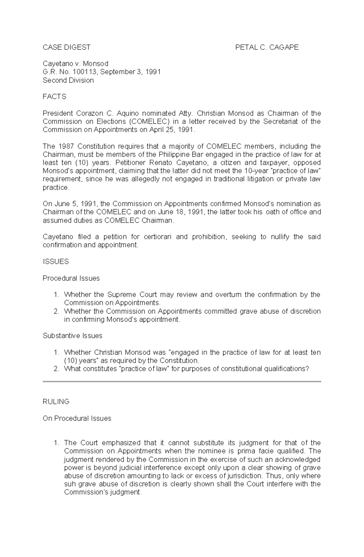 Case Digest: Cayetano v. Monsod (G.R. No. 100113, 1991) Analysis - Studocu