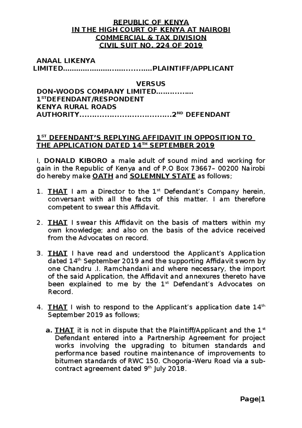 HCCC 224 OF 2019: 1st Defendant's Replying Affidavit to Application ...