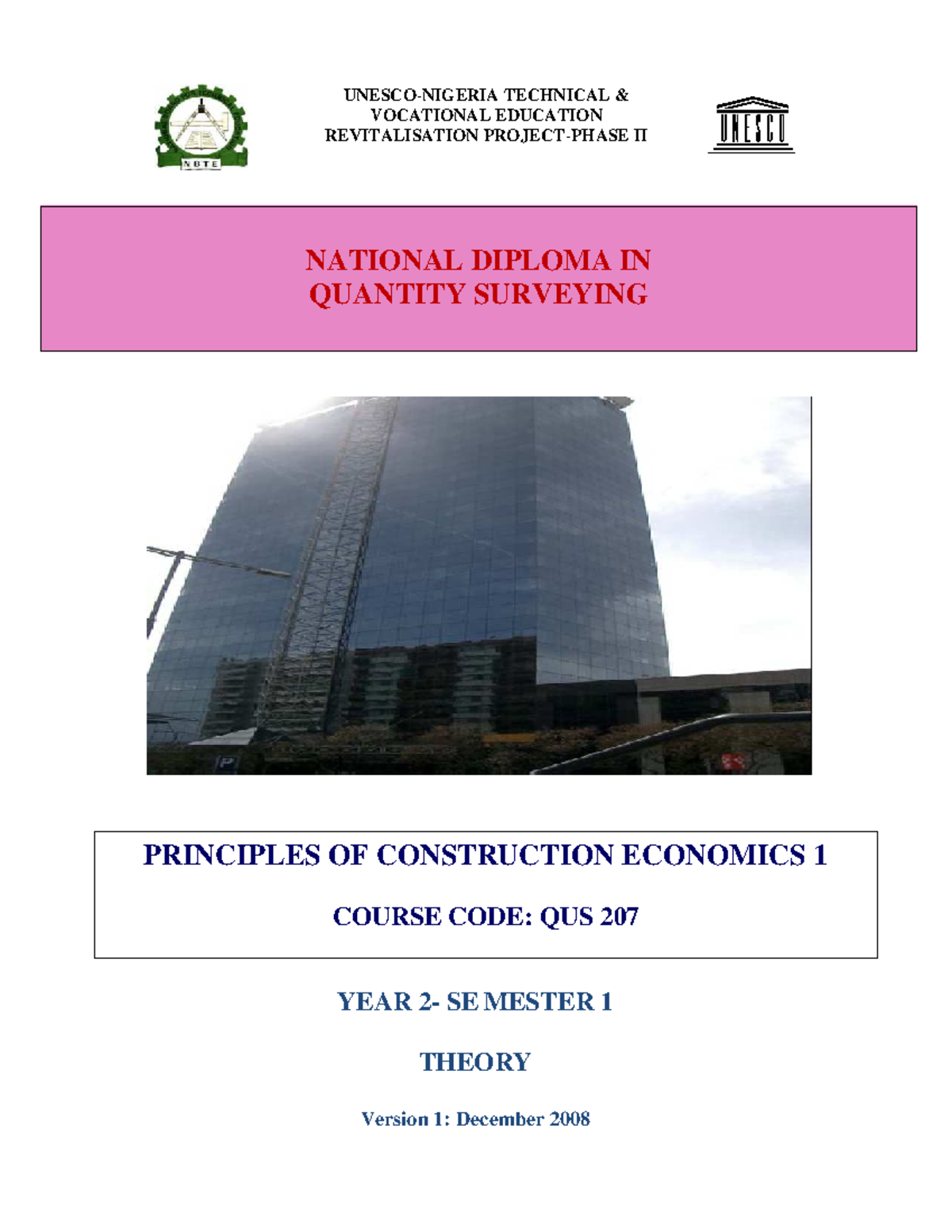 QUS 207 Principles of Construction Economics I: Overview & Key Concepts ...