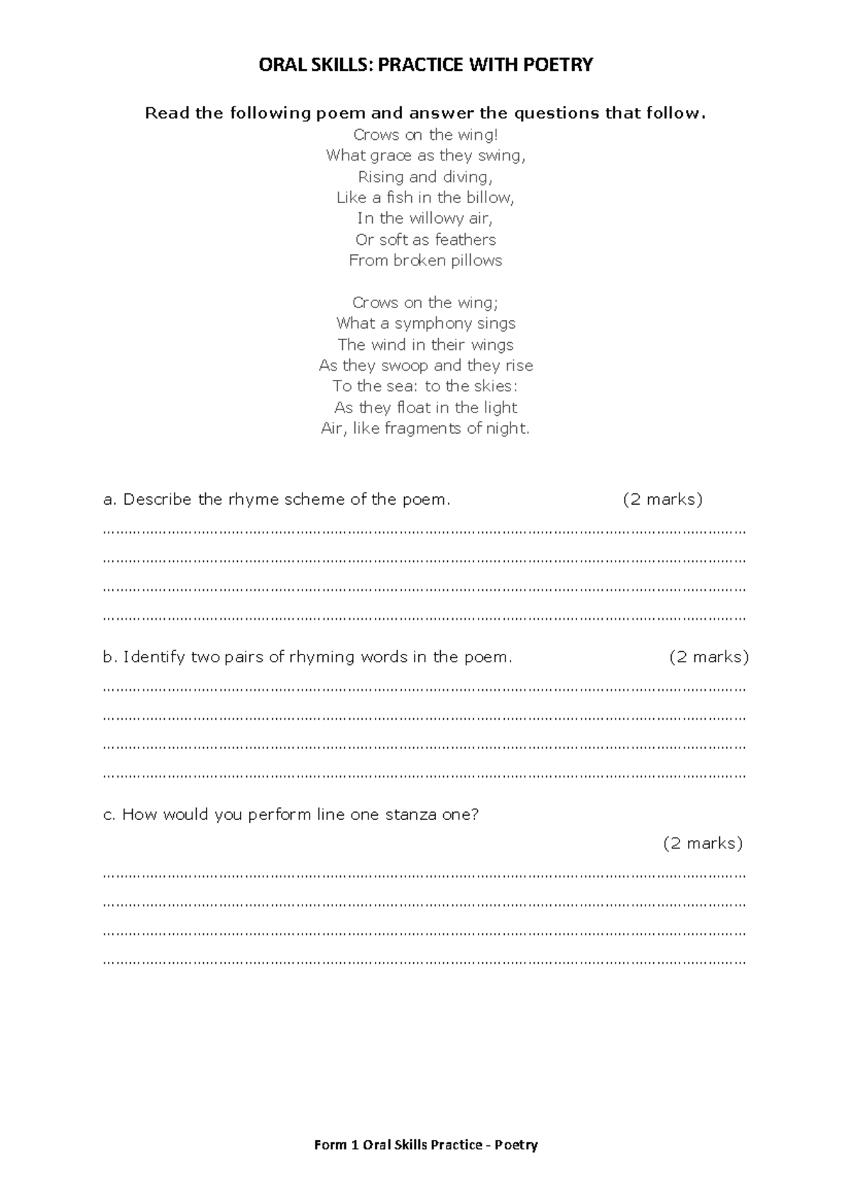 FORM ONE ORAK Skills Poetry practice - ORAL SKILLS: PRACTICE WITH ...