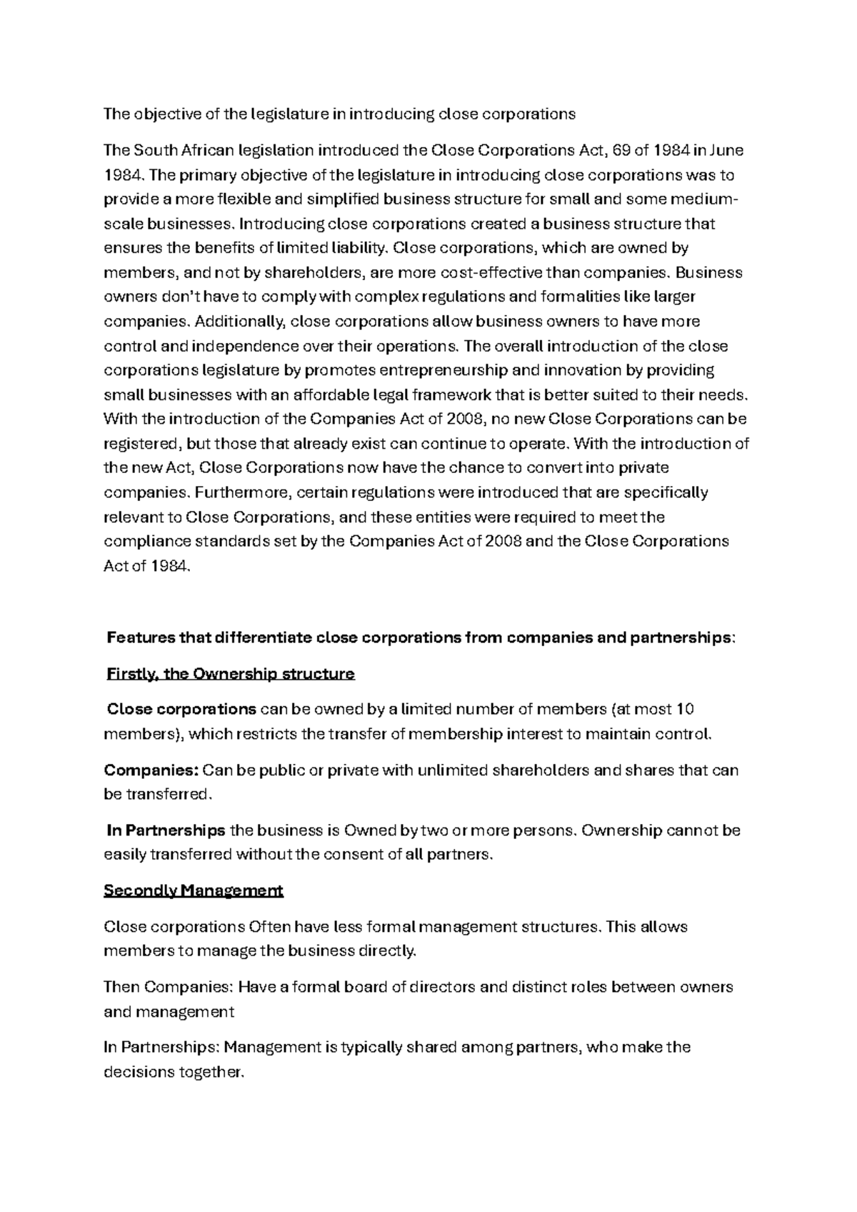 Close Corporations Act 1984: Objectives & Key Features Explained - Studocu