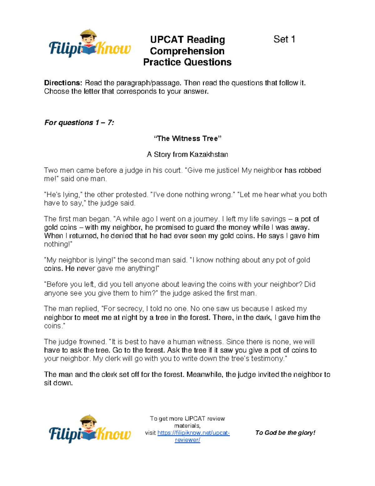 UPCAT Reading Comprehension Practice Questions Set 1 and Review - Studocu