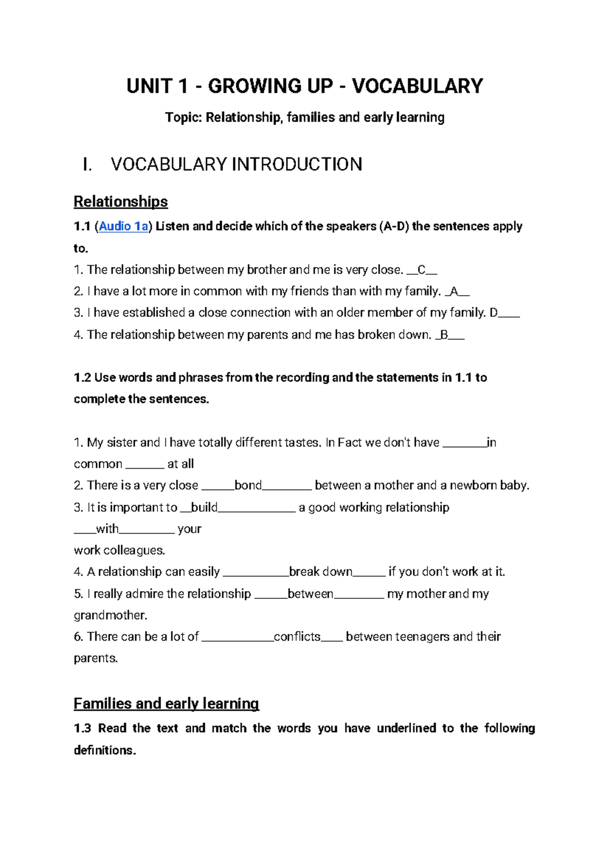 Unit 1: Growing Up Vocabulary - Relationships & Families - Studocu