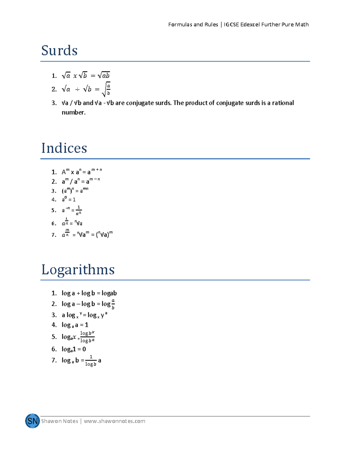Pure Math Formula - ade - Surds 1. √ √ √ 2. √ √ √ 3. √a / √b and √a - √ ...